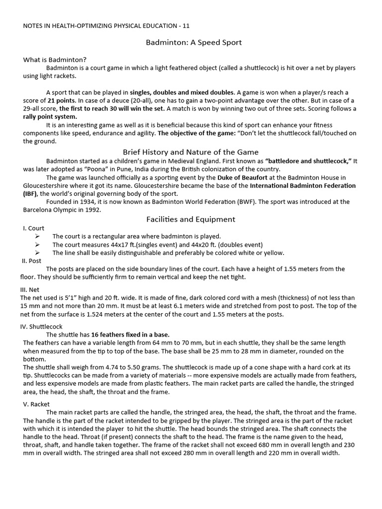 Badminton Notes With History of The Game | PDF