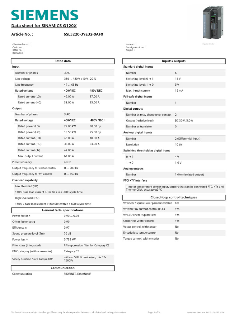 Siemens 6SL3220-3YE32-0AF0 Datasheet en | PDF | Alternating Current | Relay