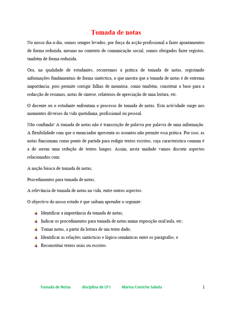 Tomada de Notas LP I | PDF | Aprendizado | Informação