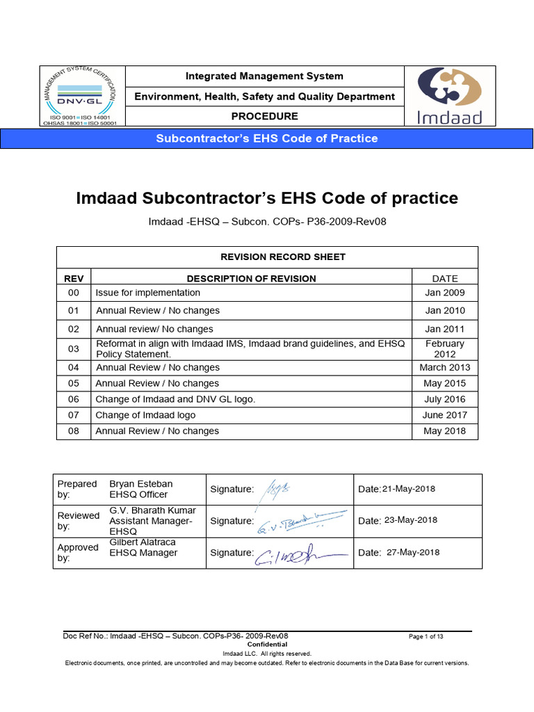 Imdaad Subcontractor's EHS Code of Practice | PDF | Occupational Safety ...