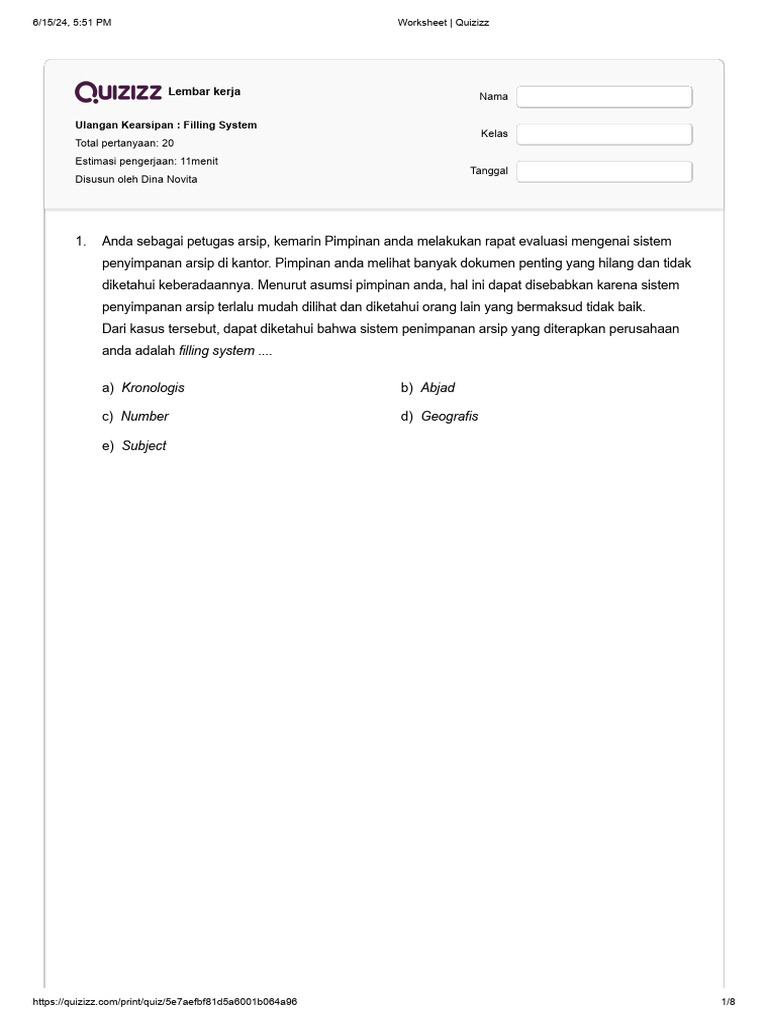 Worksheet - Quizizz | PDF