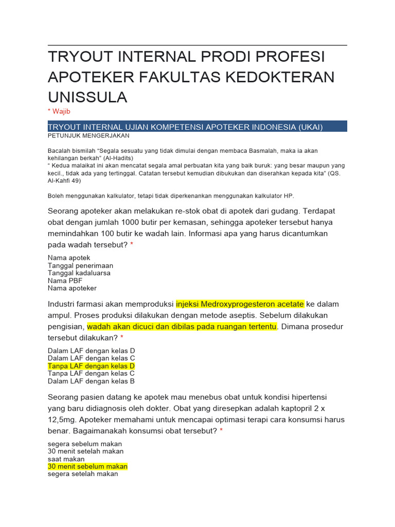 Tryout 3 Internal Prodi Profesi Apoteker Fakultas Kedokteran Unissula | PDF