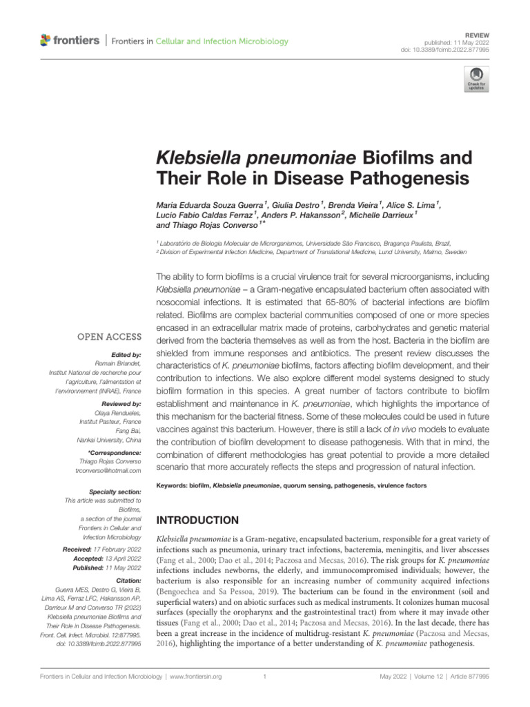 Klebsiella Pneumoniae Biofilms and Their Role in Disease Pathogenesis | PDF | Biofilm | Bacteria