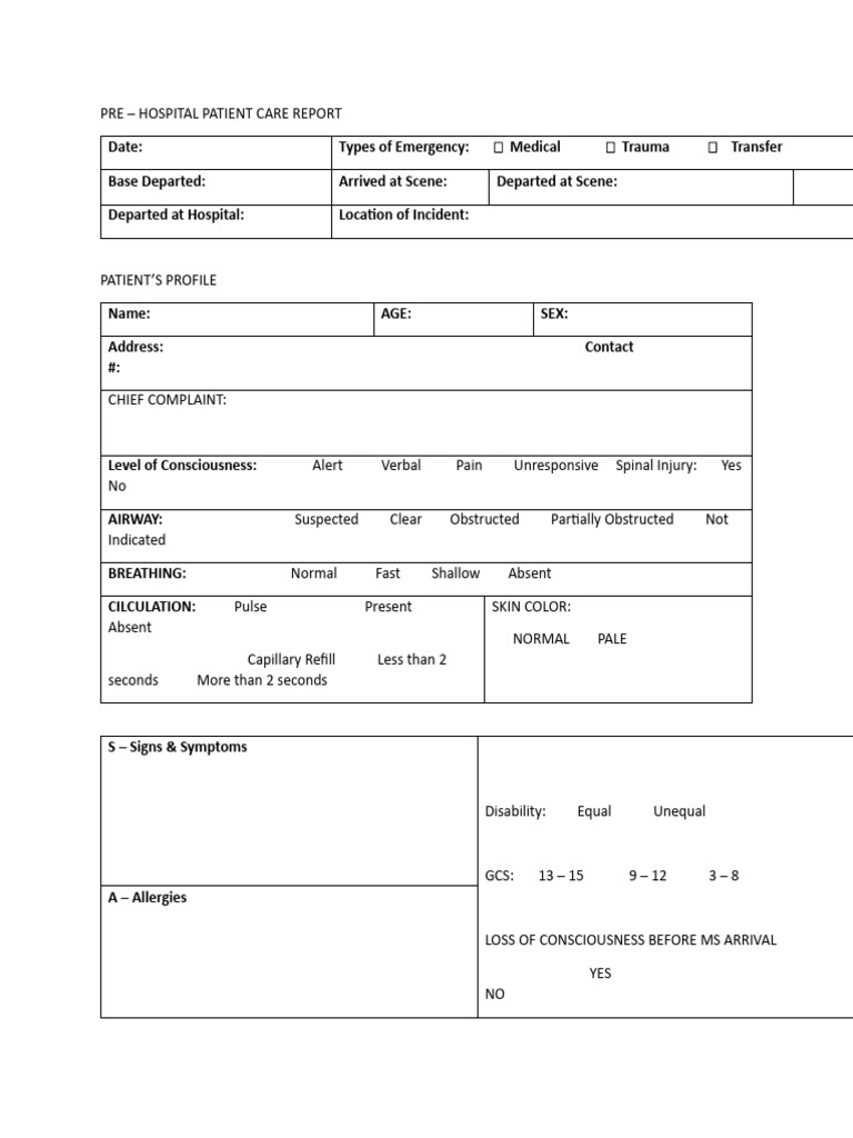 Pre-Hospital Assessment Form | PDF | Emergency Medical Services | Major ...