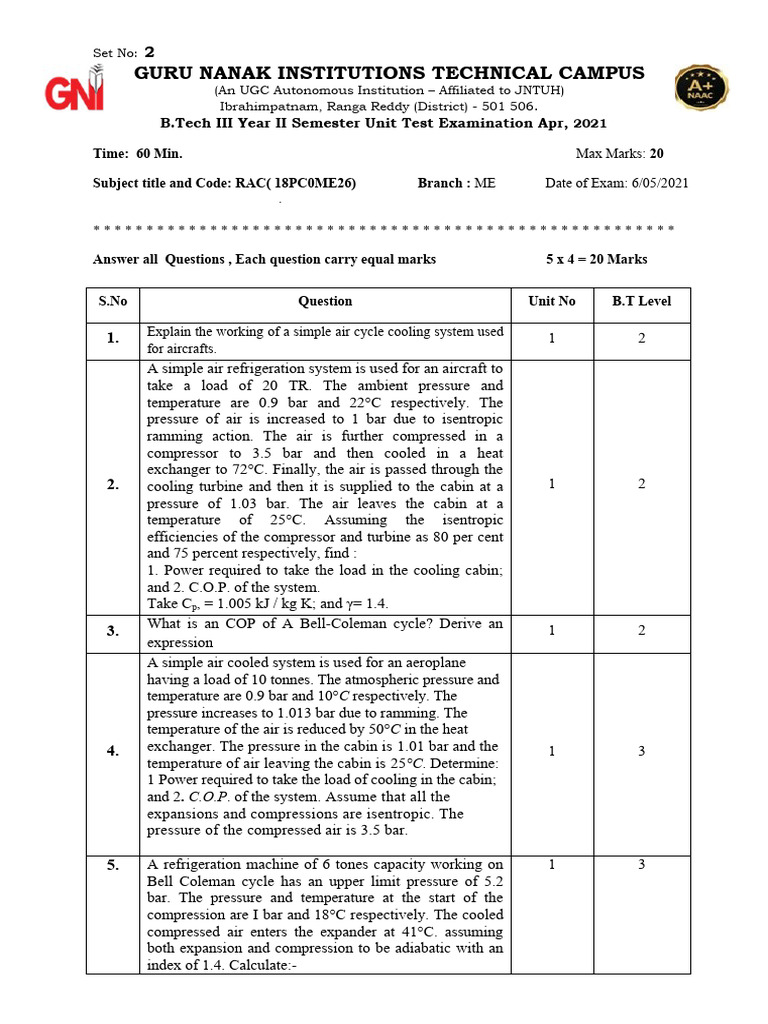 RAC_ASSIGNMENT-I_Set-2 | PDF | Engineering | Thermodynamics