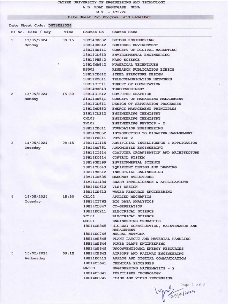 Jaypee University Exam Date Sheet 2024 | PDF | Engineering | Chemical ...