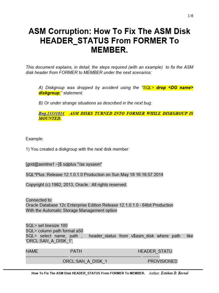Fix FORMER To MEMBER ASM Disk header-KM | PDF | Oracle Corporation ...