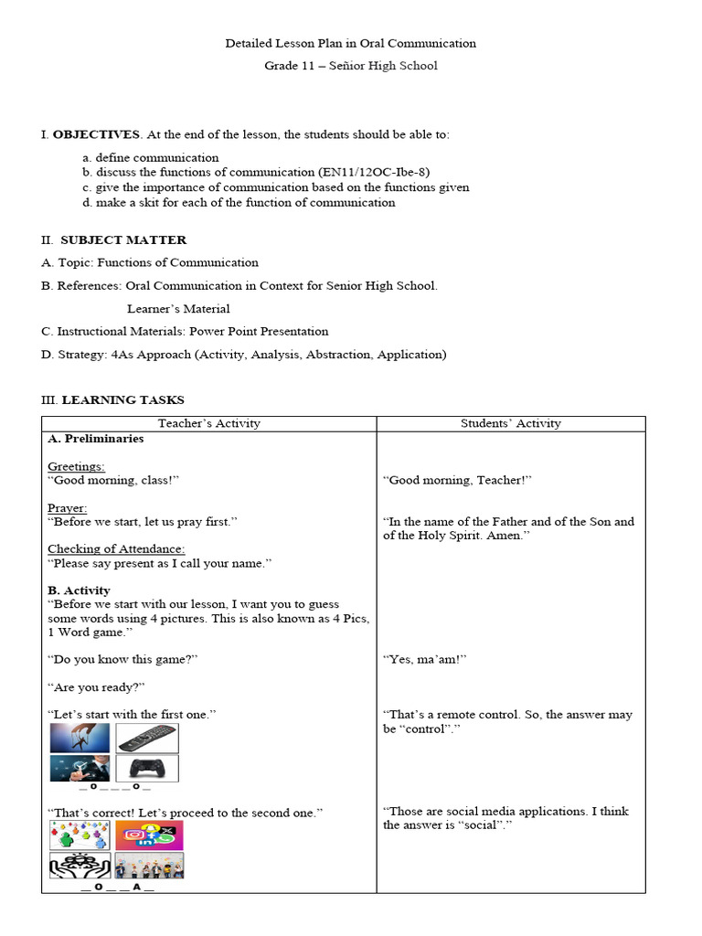Detailed Lesson Plan in Oral Communication | PDF | Communication ...