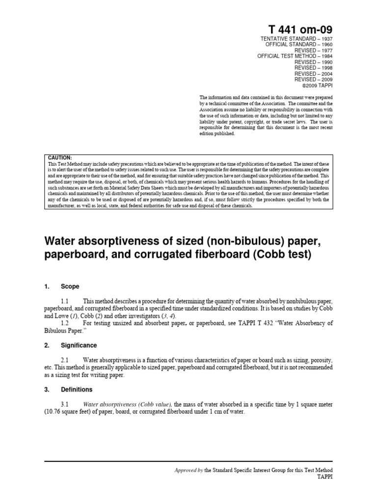 TAPPI T 441 - Water Absorptiveness (Cobb Test) | PDF | Materials