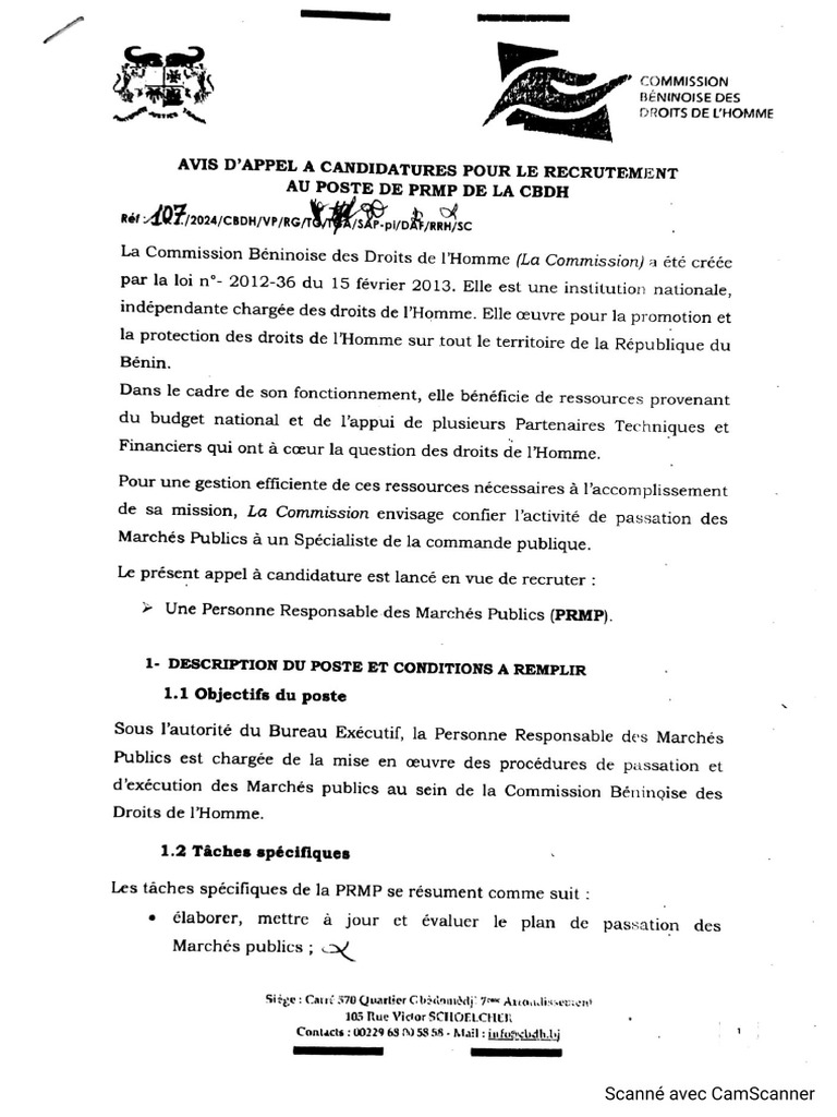 CBDH - Avis Appel Candidatures PRMP | PDF