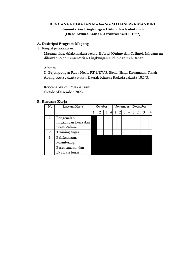 Rencana Magang KLHK_Ardina Latifah_I3401201152.Docx | PDF