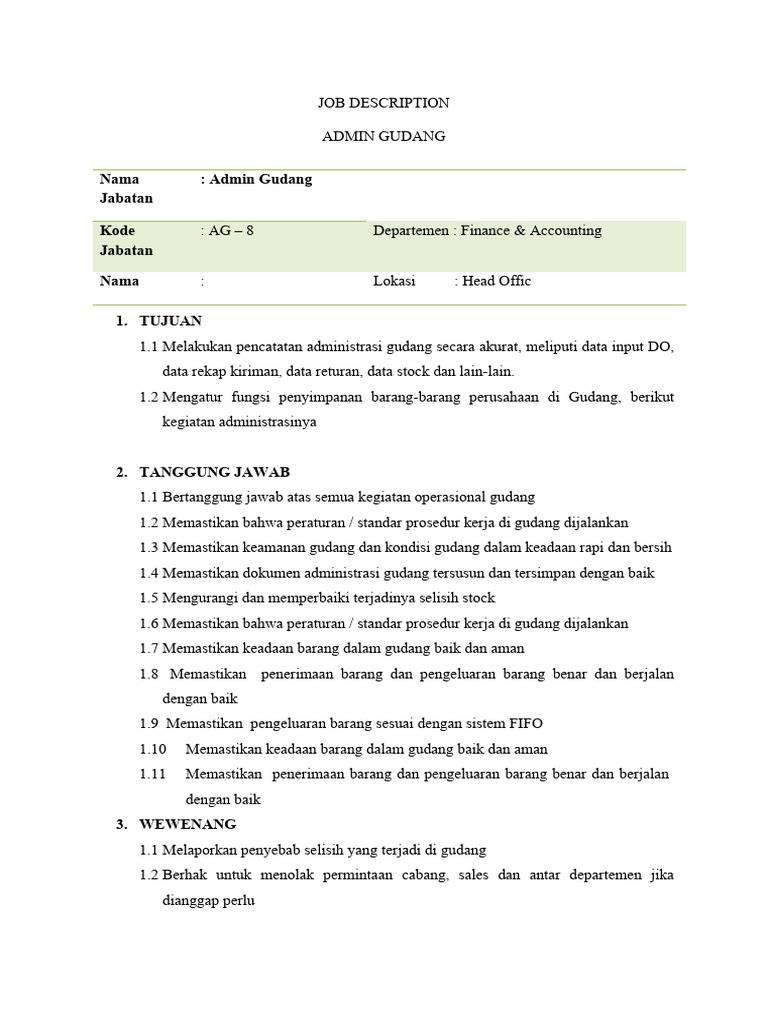 Job Desk Admin Gudang dan Tanggung Jawab | PDF