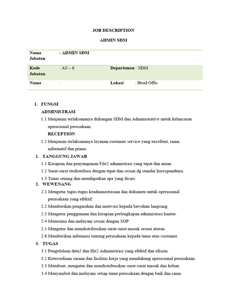 Job Description Admin SDM | PDF