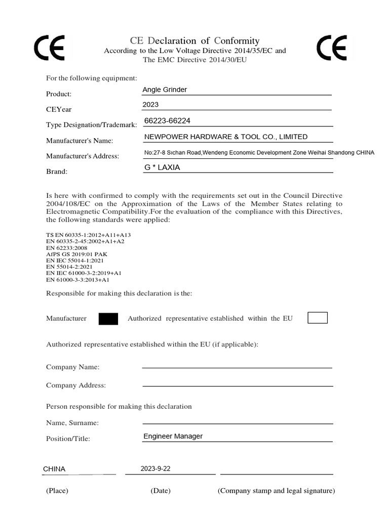 CE Declaration of Conformity Angle Grinder | PDF