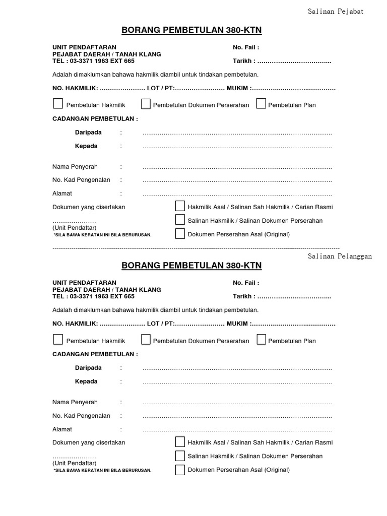 Borang Pembetulan 380 KTN (DAERAH KLANG) | PDF