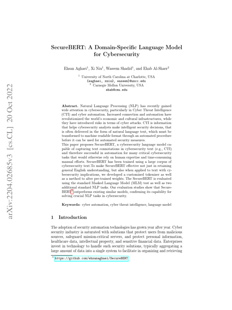 Securebert: A Domain-Specific Language Model For Cybersecurity | PDF | Computing