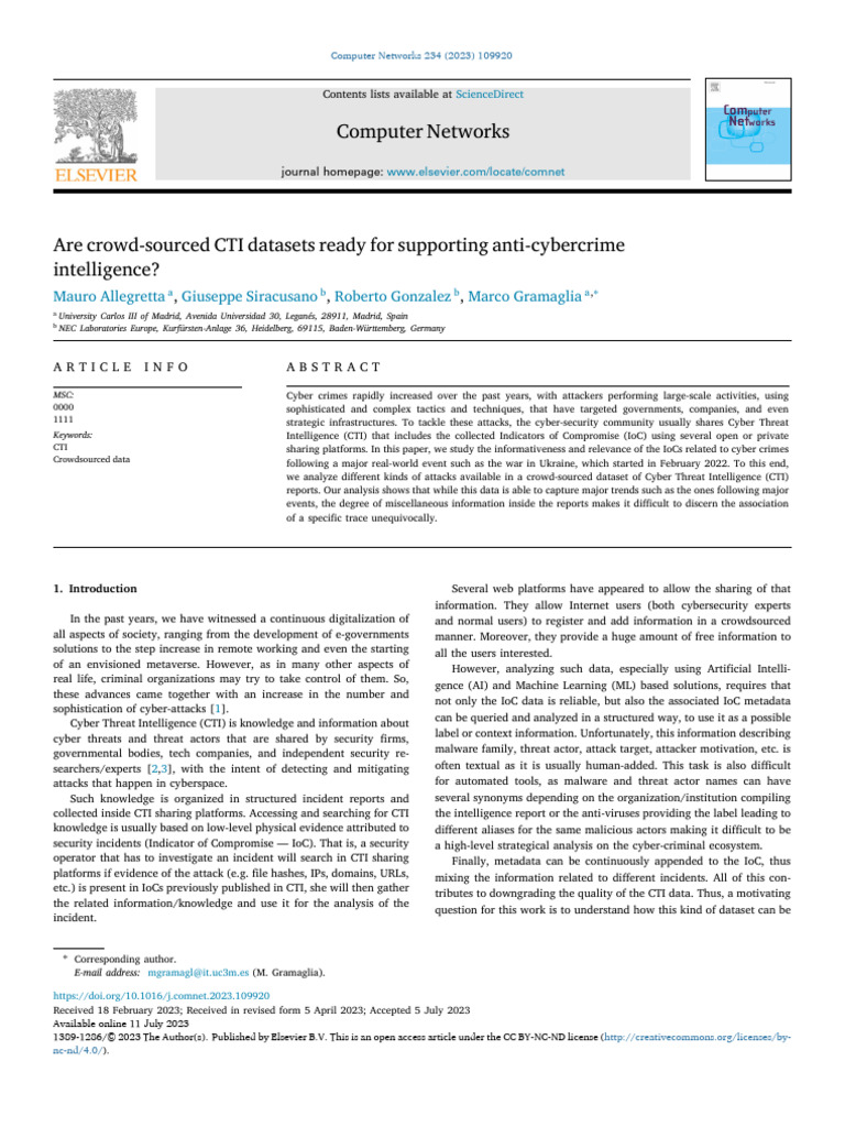 Crowdsourced Cti Datasets | PDF | Security | Computer Security