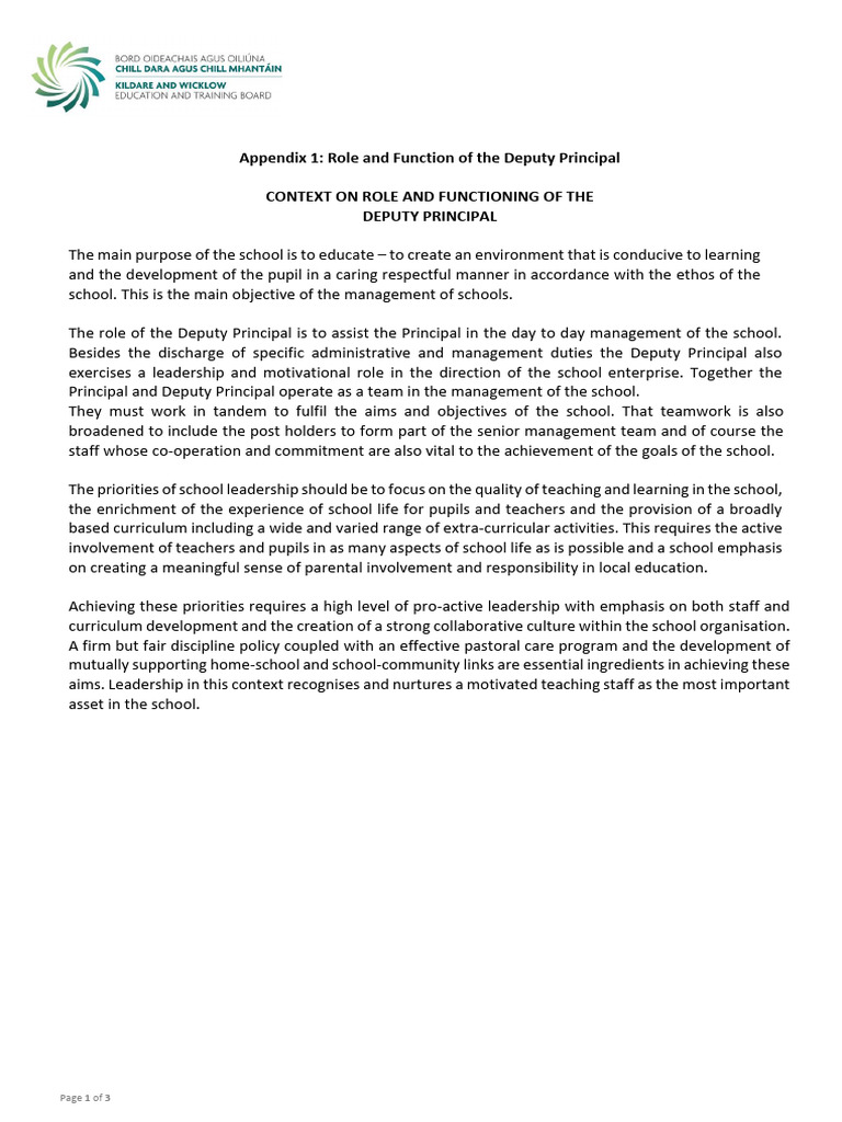 Deputy Principal Role and Responsibilities | PDF | Teachers | Curriculum