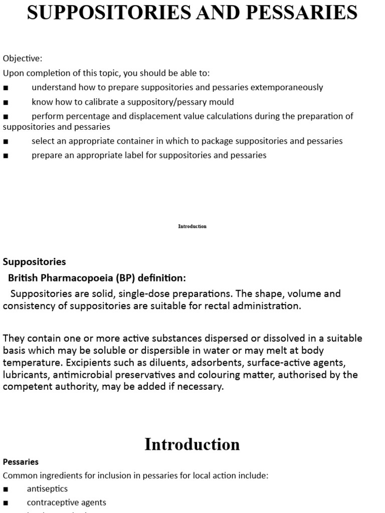 Suppositories and Pessaries Pharmd 300 PPT 2 | PDF | Rectum | Glycerol