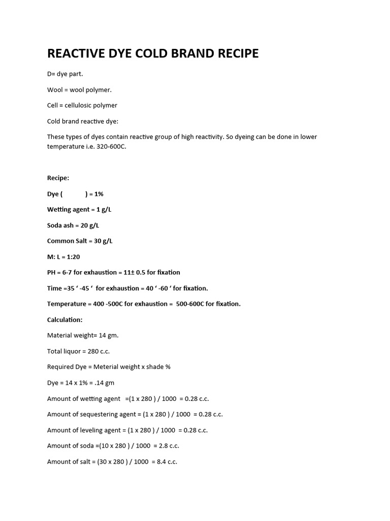 Cold Brand Reactive Dye Recipe | PDF | Dyeing | Dye