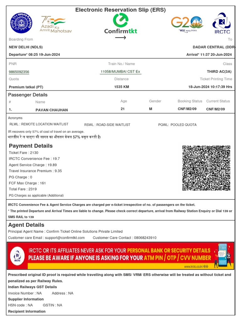 Pavan Chauhan Ticket NDLS DDR | PDF | Identity Document