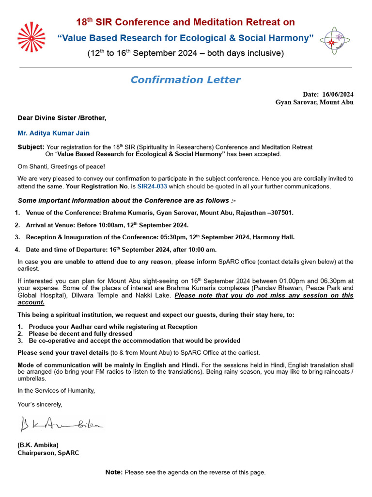 SIR24-033 Mr. Aditya Kumar Jain Confirmation Letter 18th SIR Conference ...