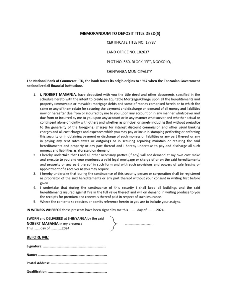 Memorandum To Deposit Title Deeds | PDF | Mortgages | Money