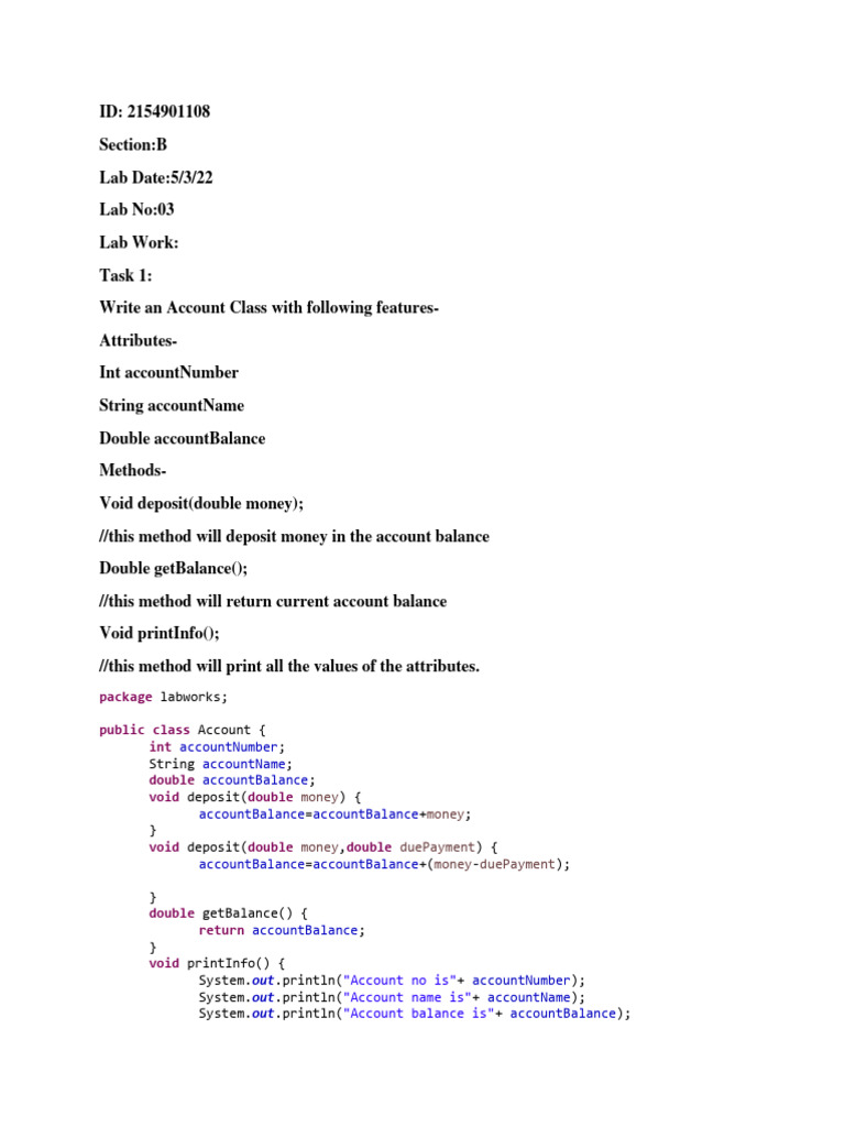 Java Account Class Assignment Pdf Constructor Object Oriented Programming Programming 9199