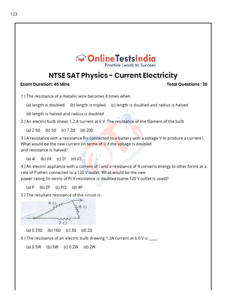 NTSE SAT Physics - Current Electricity Sample Practice Questions ... NTSE SAT Physics - Current Electricity Sample Practice Questions ...