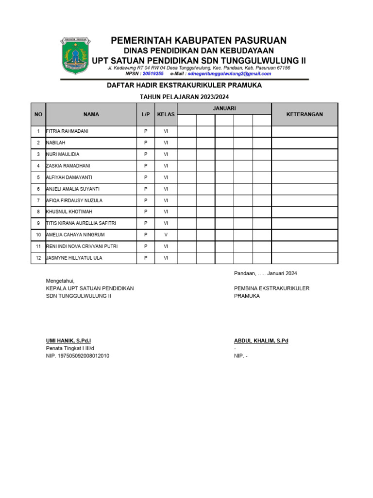Absensi Dan Jurnal Ekstrakurikuler Pramuka Tahun 2024 | PDF