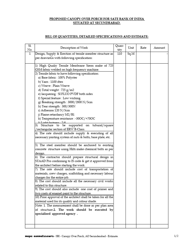Ao Sec'Bad Canopy Tender Boq | PDF | Materials | Building Engineering