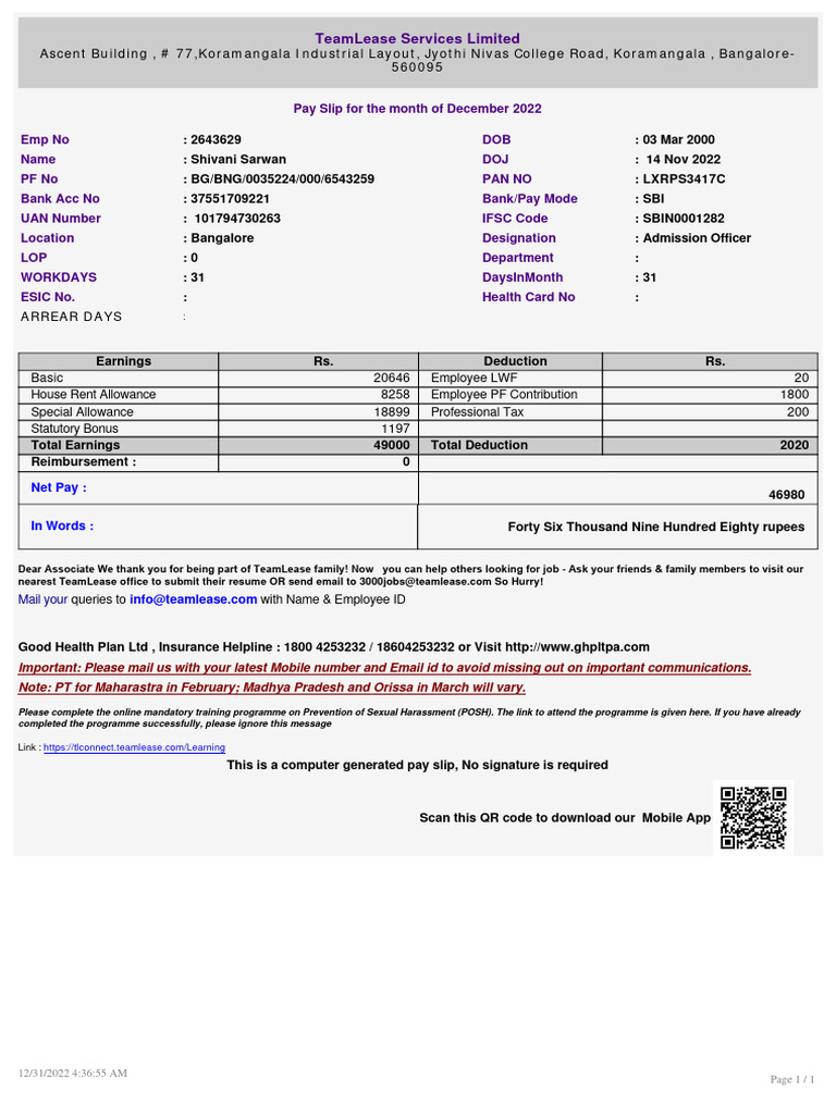 Payslip DEC 2022 Payslip | Download Free PDF | Payments