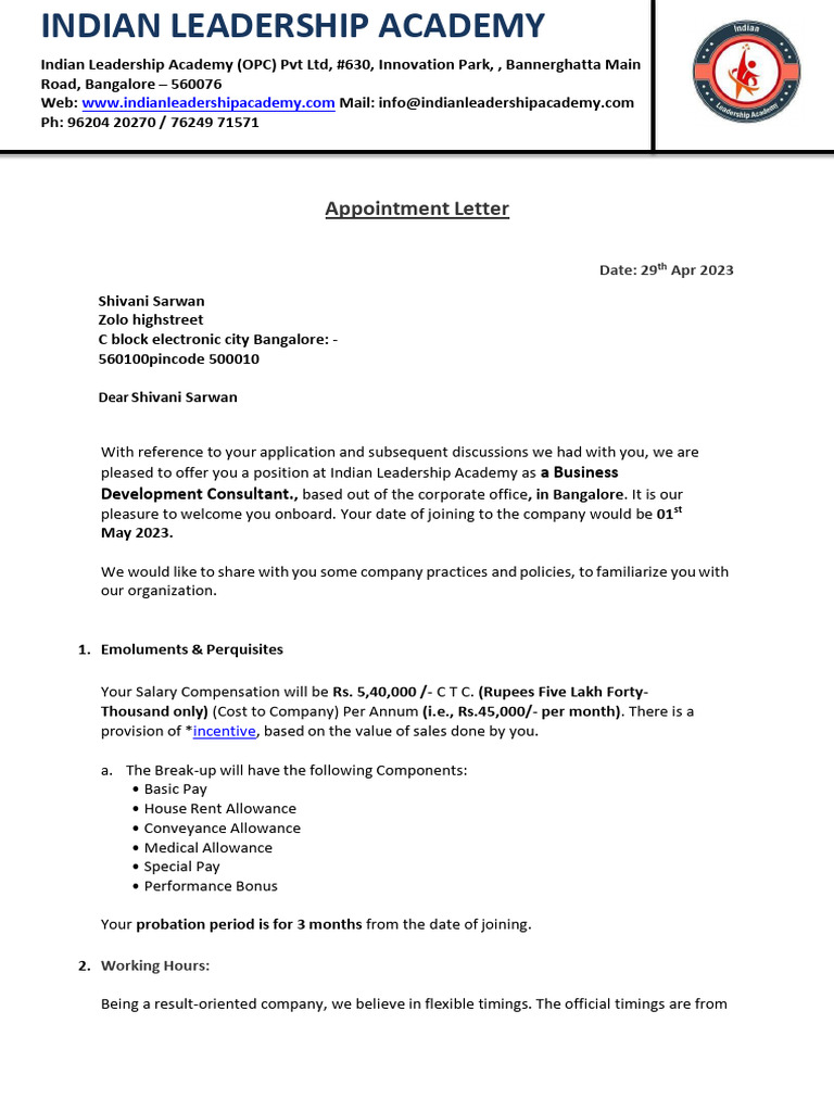 Appointment Letter - Shivani Sarwan | PDF | Employment | Intellectual ...