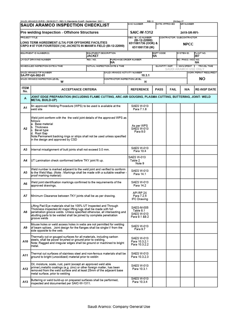 SAIC W 1312 Pre Welding | PDF | Welding | Construction