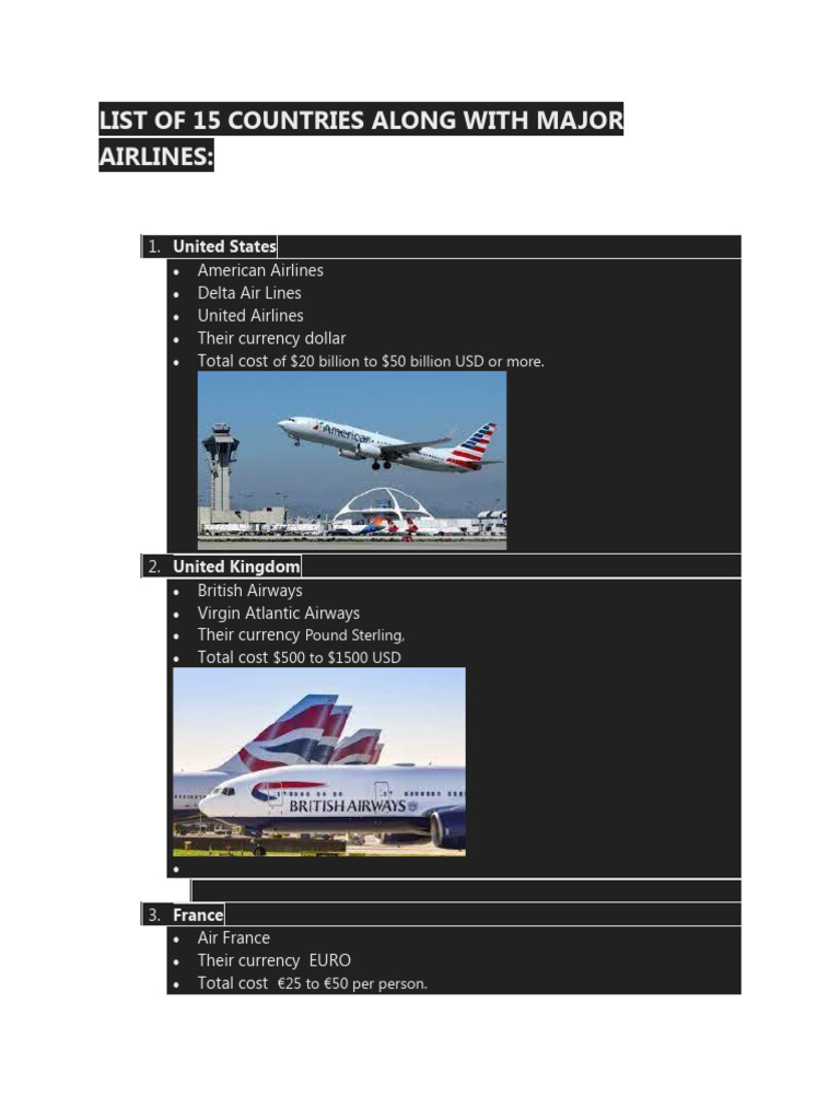 List of 15 Countries Along With Major Airlines | PDF | Renminbi ...