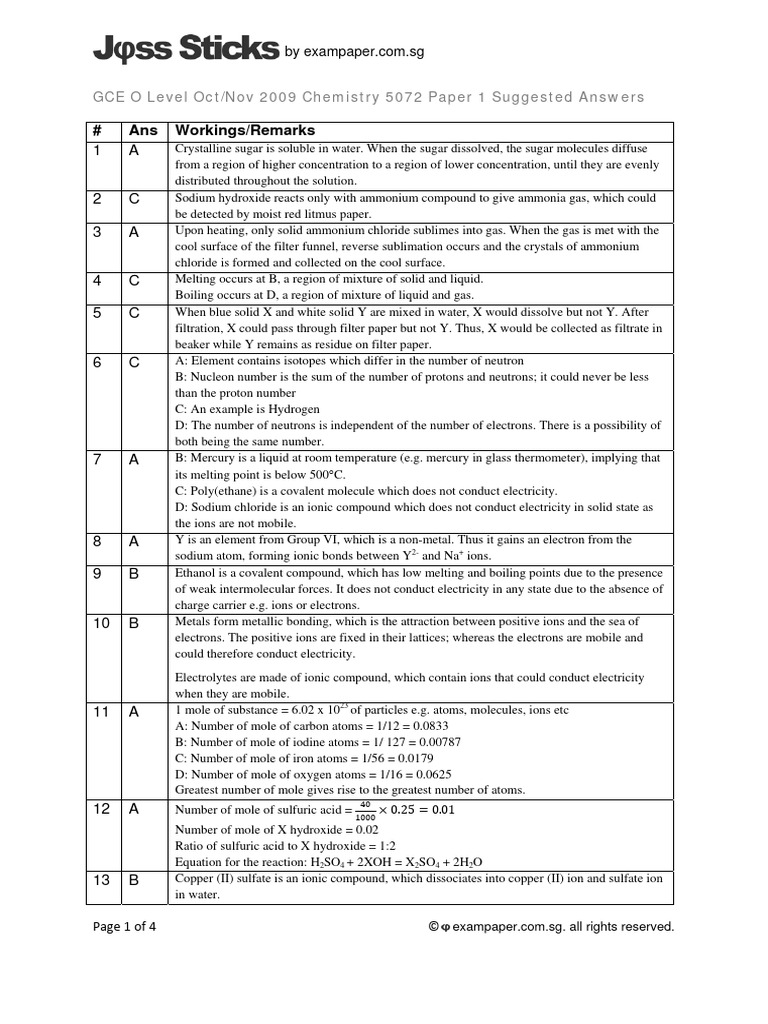 GCE O Level Chemistry 5072 Answers | PDF | Ionic Bonding | Chemical ...