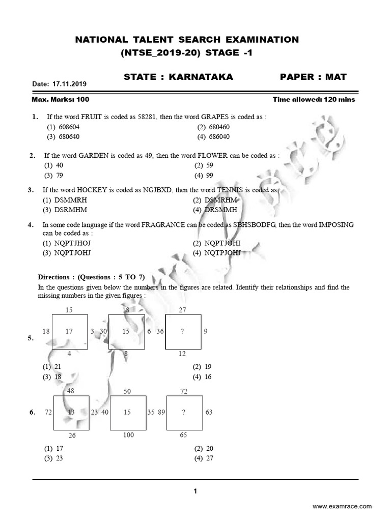 NTSE Karnataka 2019-20 Question Paper | PDF | Mirror | Matrix (Mathematics)