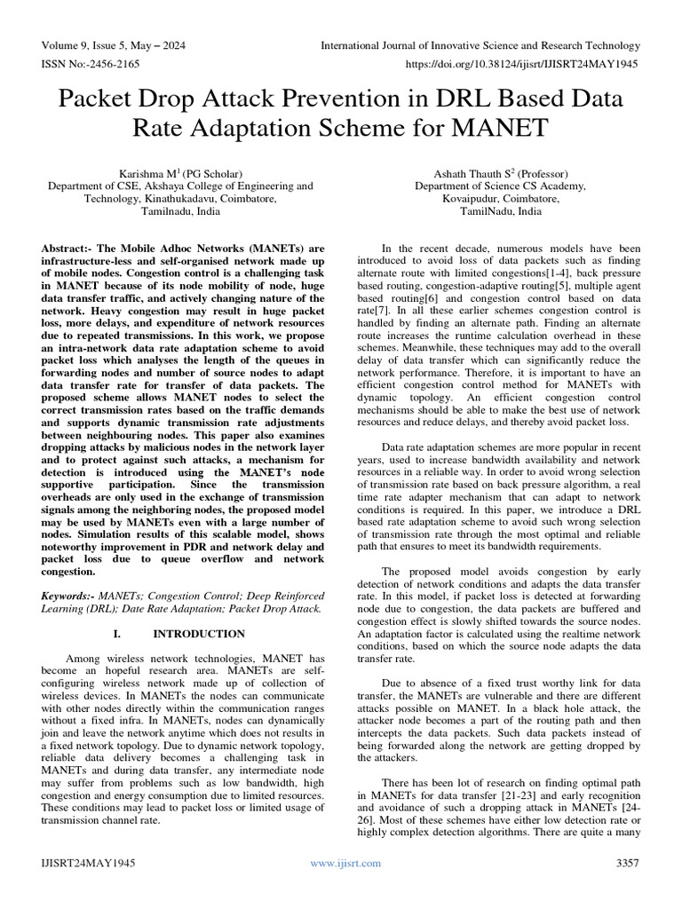 Packet Drop Attack Prevention in DRL Based Data Rate Adaptation Scheme For MANET | Download Free ...