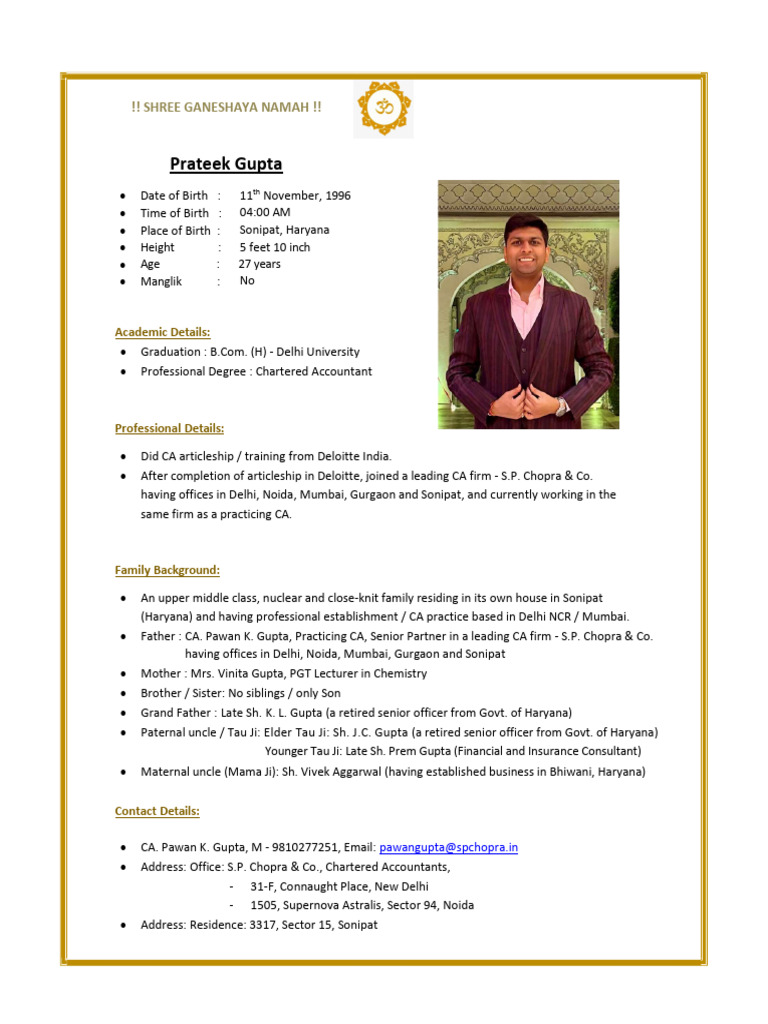 CA. Prateek Gupta - Bio Data | PDF | Self-Improvement