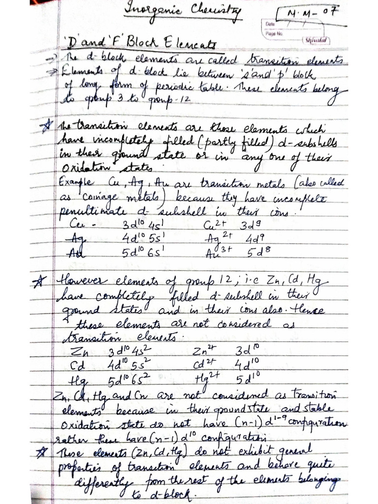 Ch-4 - 'D' & 'F' Block Elements (Notes) | PDF