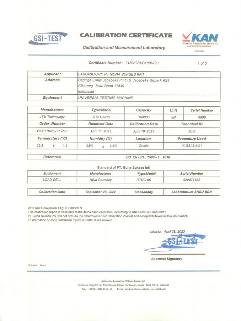 Scan Sertifikat Kalibrasi Mesin 100t | PDF