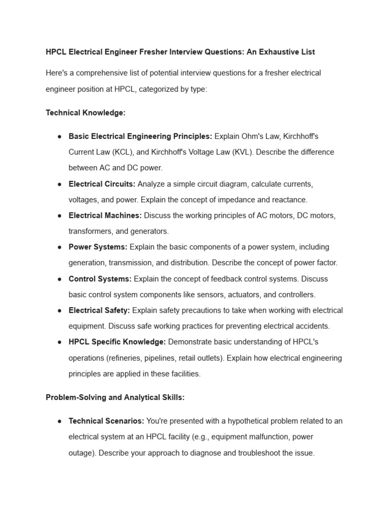 ## HPCL Group Task Topics for Electrical Engineer Freshers (1) | PDF | Power Electronics ...