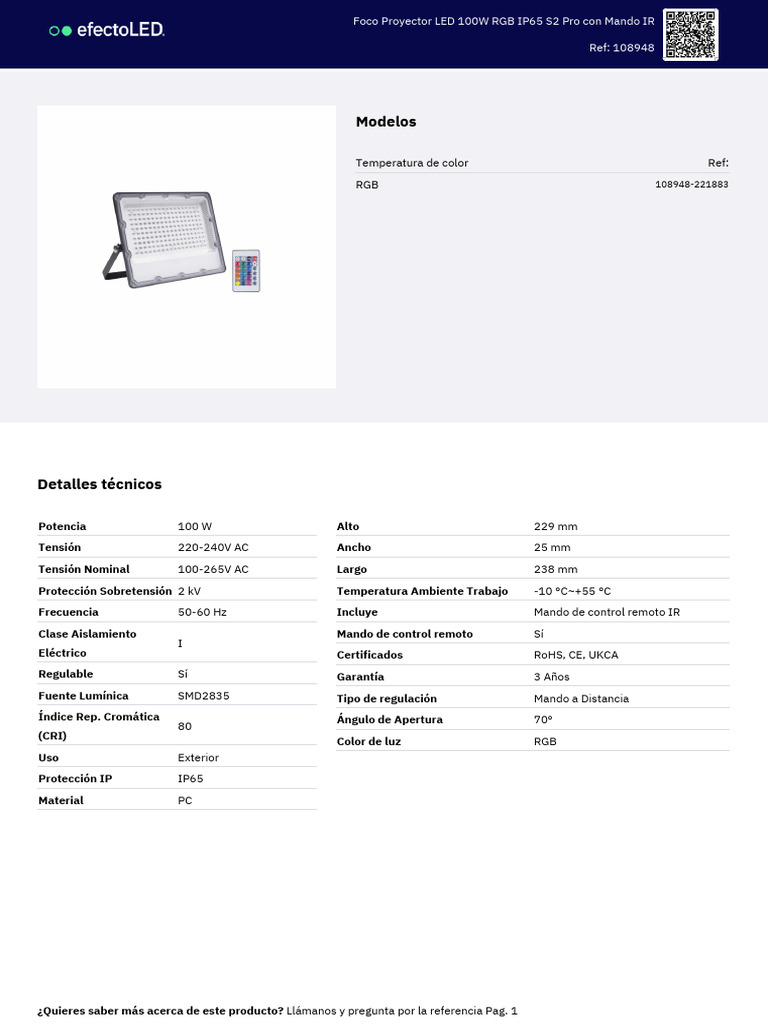 Foco Proyector LED 100W RGB IP65 S2 Pro Con Mando IR | PDF | Diodo ...
