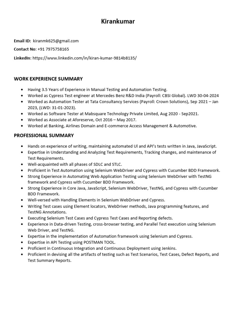 Resume Kirankumar | PDF | Selenium (Software) | Software Testing