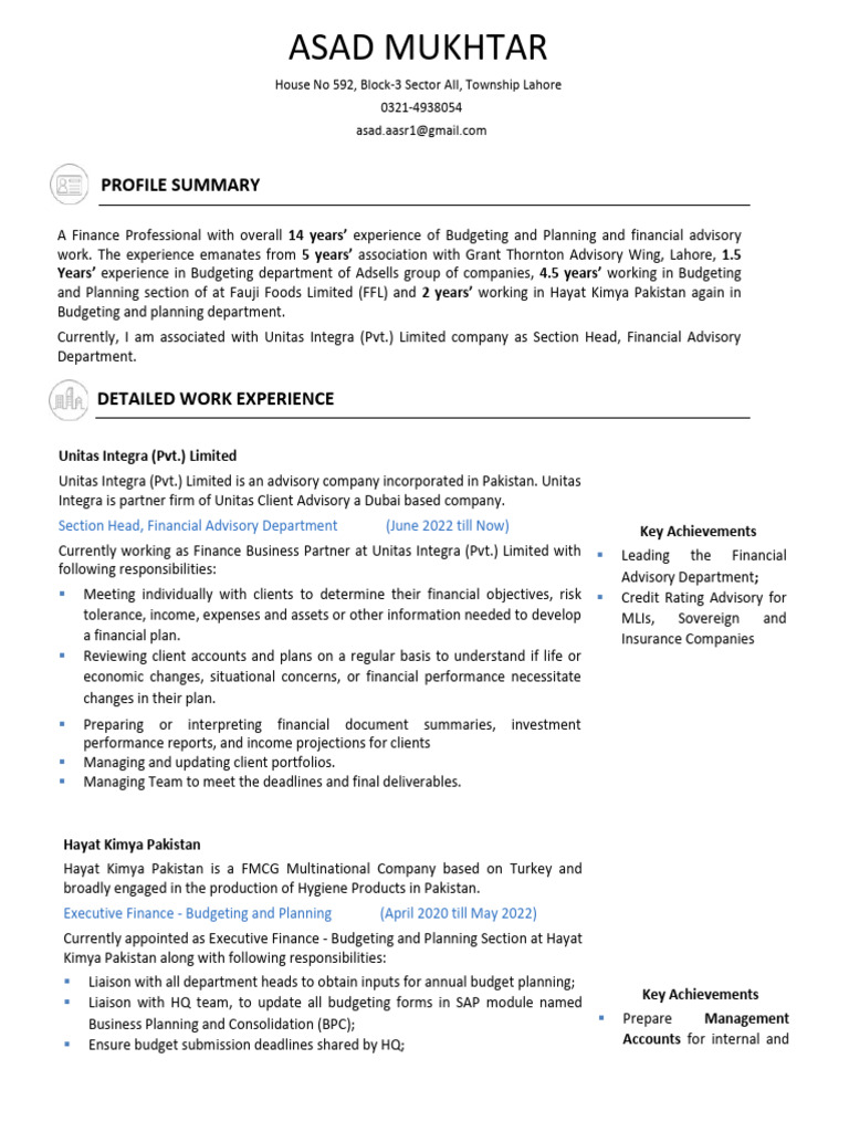 Resume - Asad Mukhtar | PDF | Budget | Consultant
