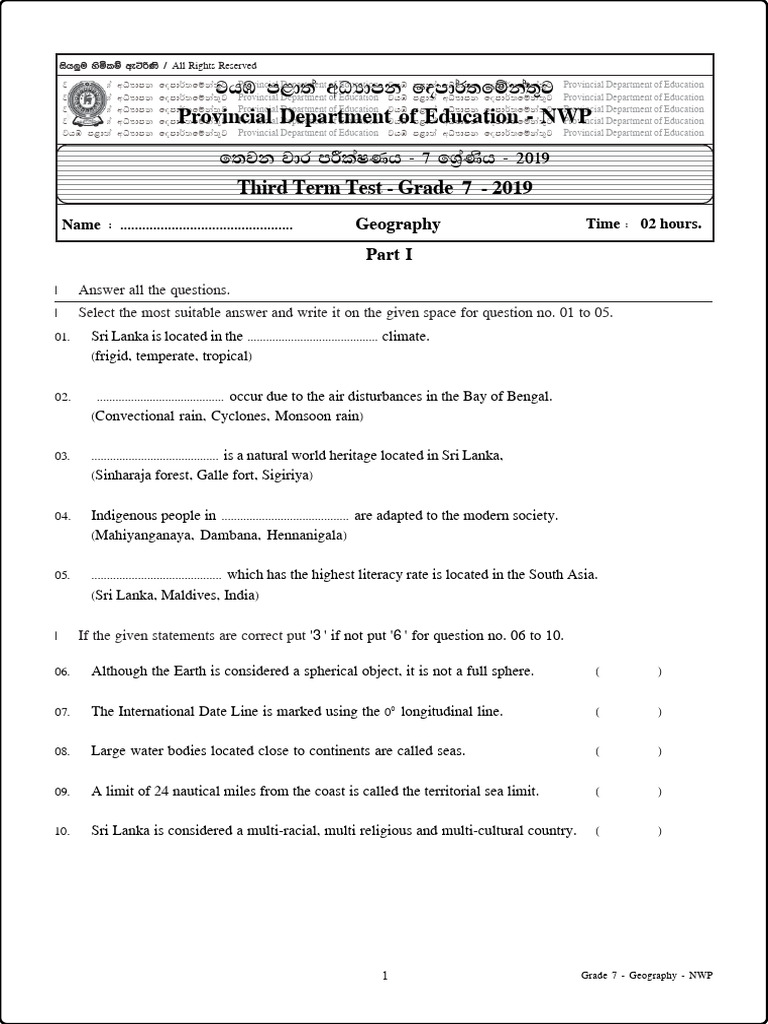 Grade 7 Geography Term 3 Test 2019 | PDF