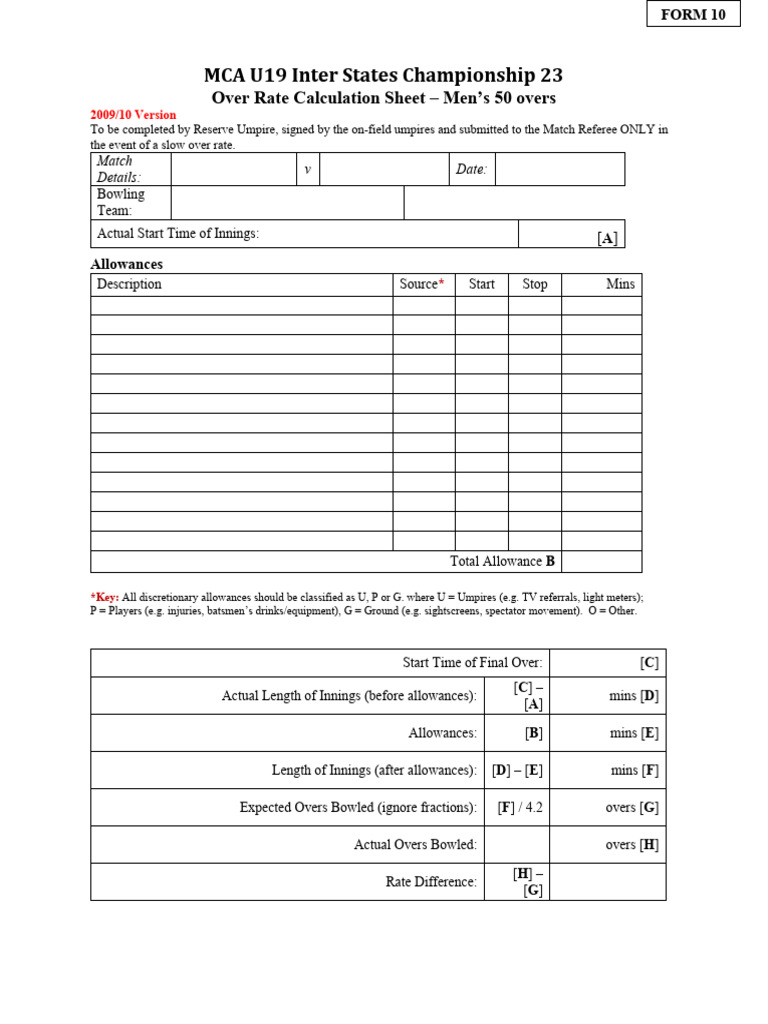 Over Rate Calculation Sheet | PDF | Sports Rules And Regulations | Ball ...