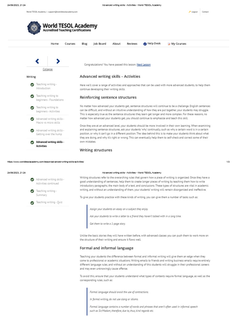 Advanced Writing Skills Activities | PDF | English As A Second Or ...