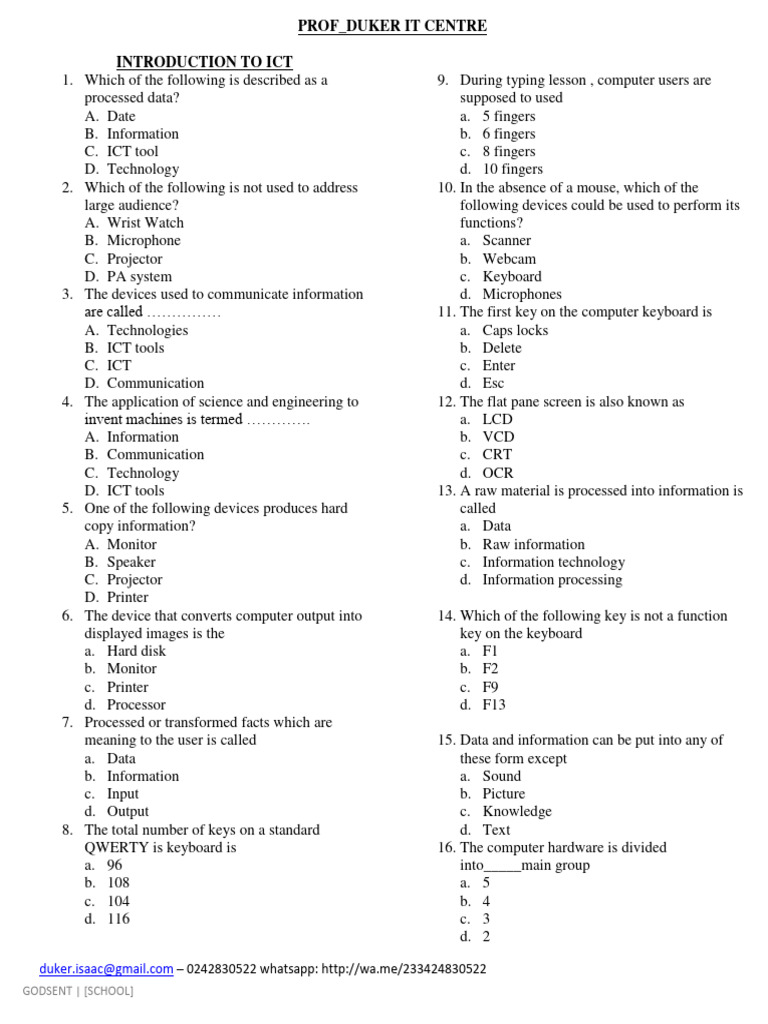 ICT QUIZ QUESTION Prof | PDF | Computer Hardware | Computer Architecture
