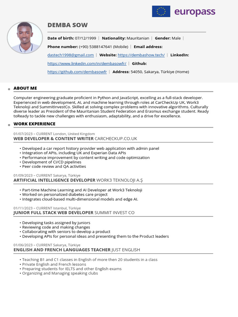 Demba Sow Europass | PDF | Artificial Intelligence | Intelligence (AI ...